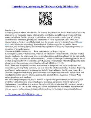 Introduction. According To The Nasw Code Of Ethics For | PDF
