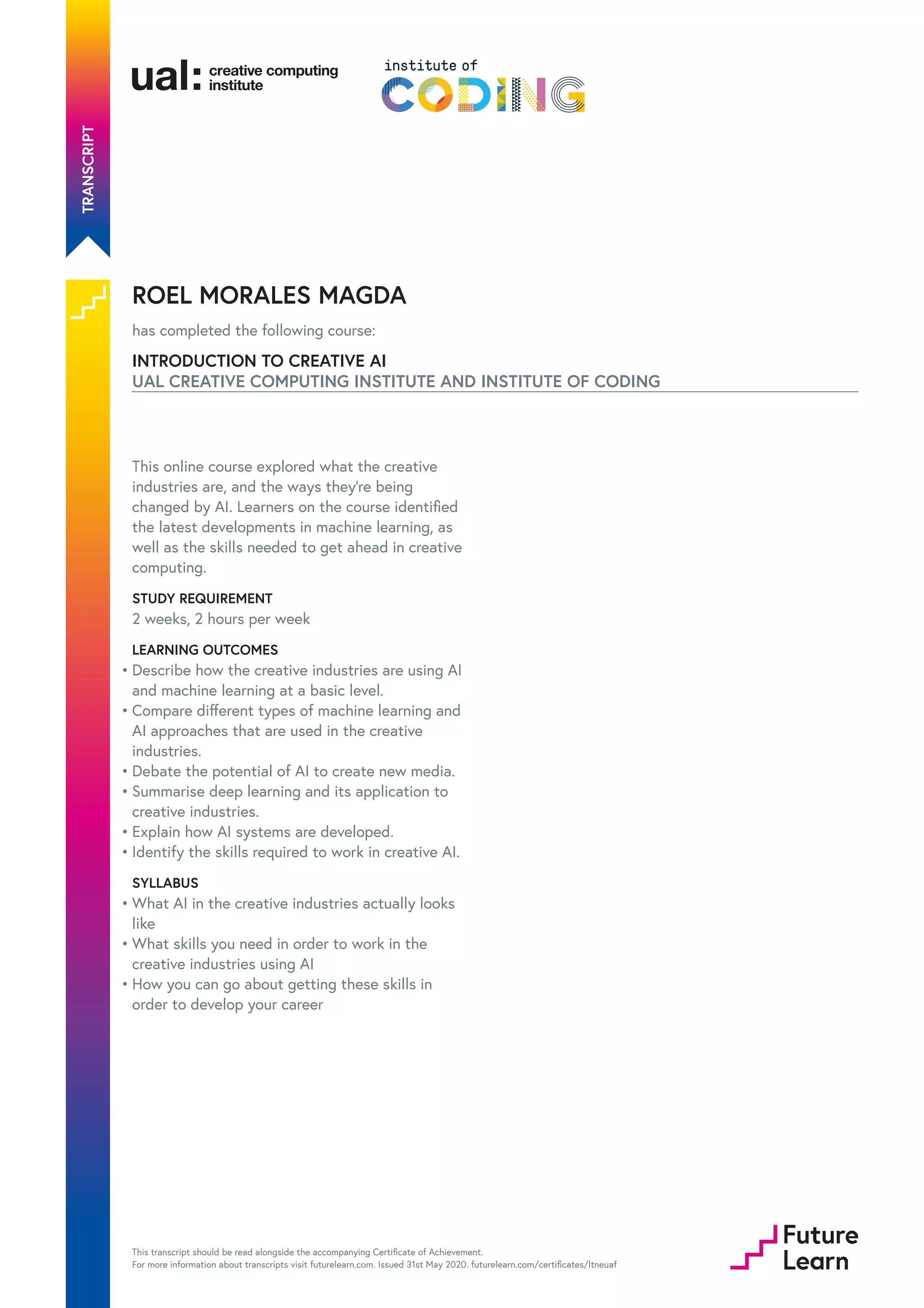 Certificate of Achievement ; Introduction to Creative Artificial Intelligence | PDF