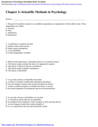 Introduction to Psychology 9th Edition Kalat Test Bank | PDF