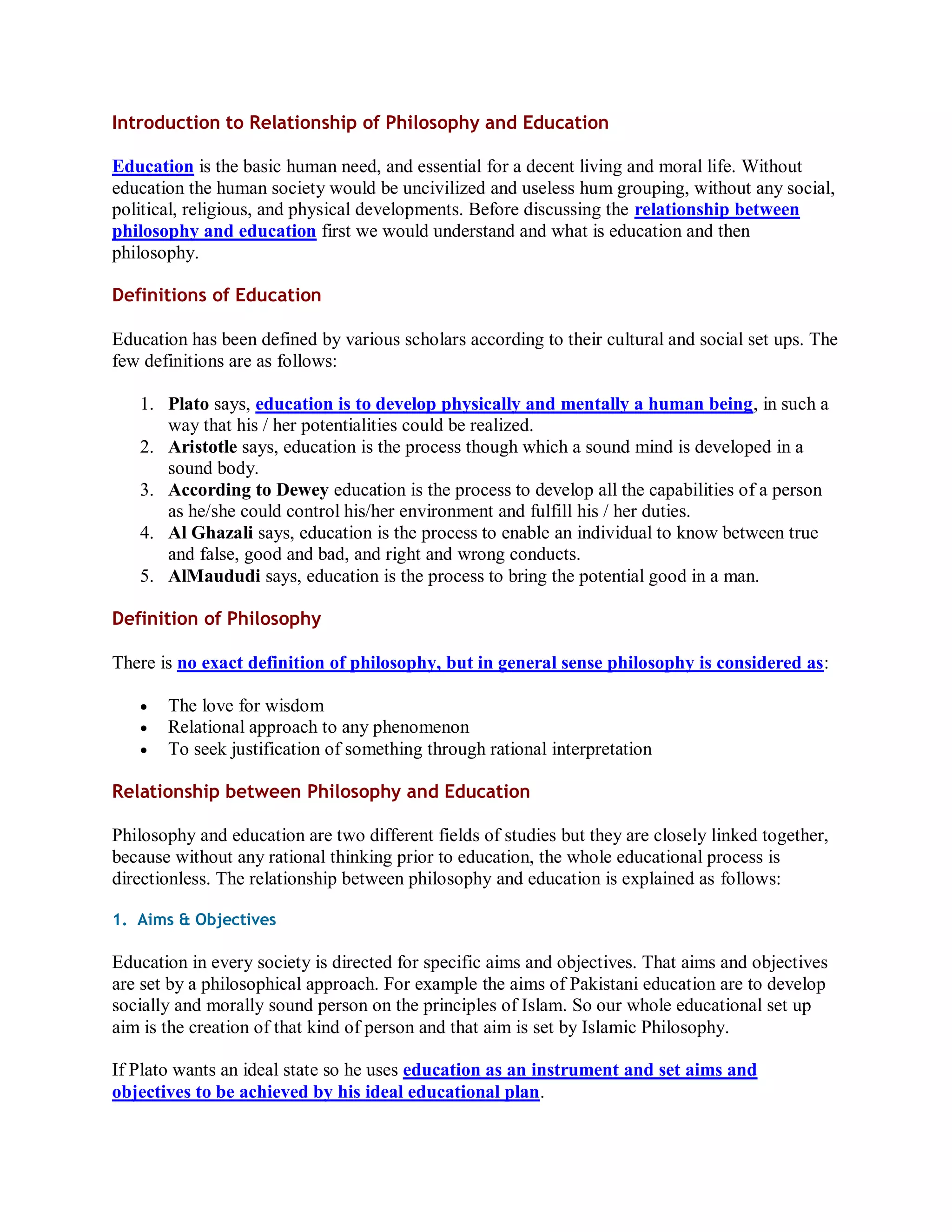 Introduction to relationship of philosophy and education | PDF