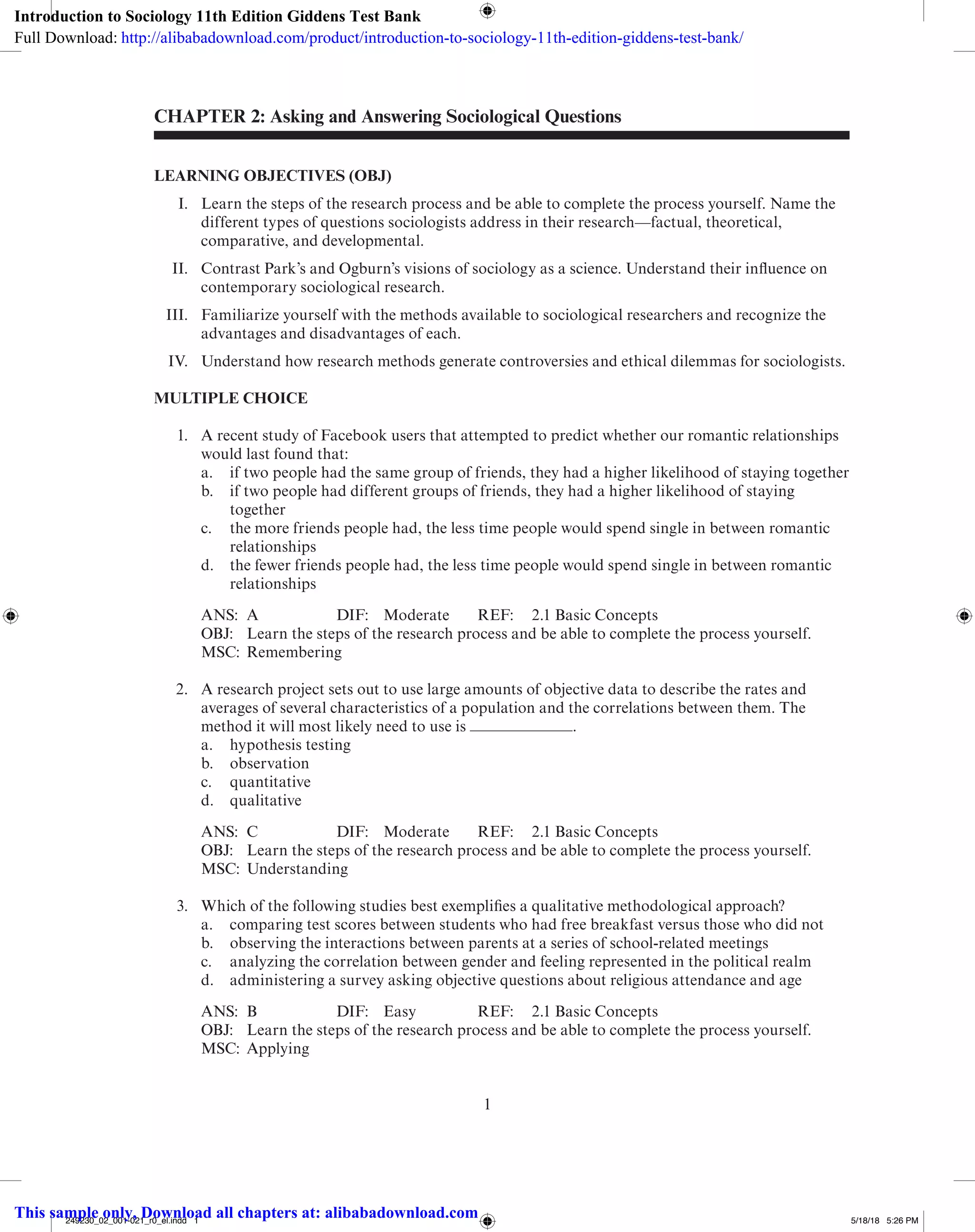 Introduction to Sociology 11th Edition Giddens Test Bank | PDF