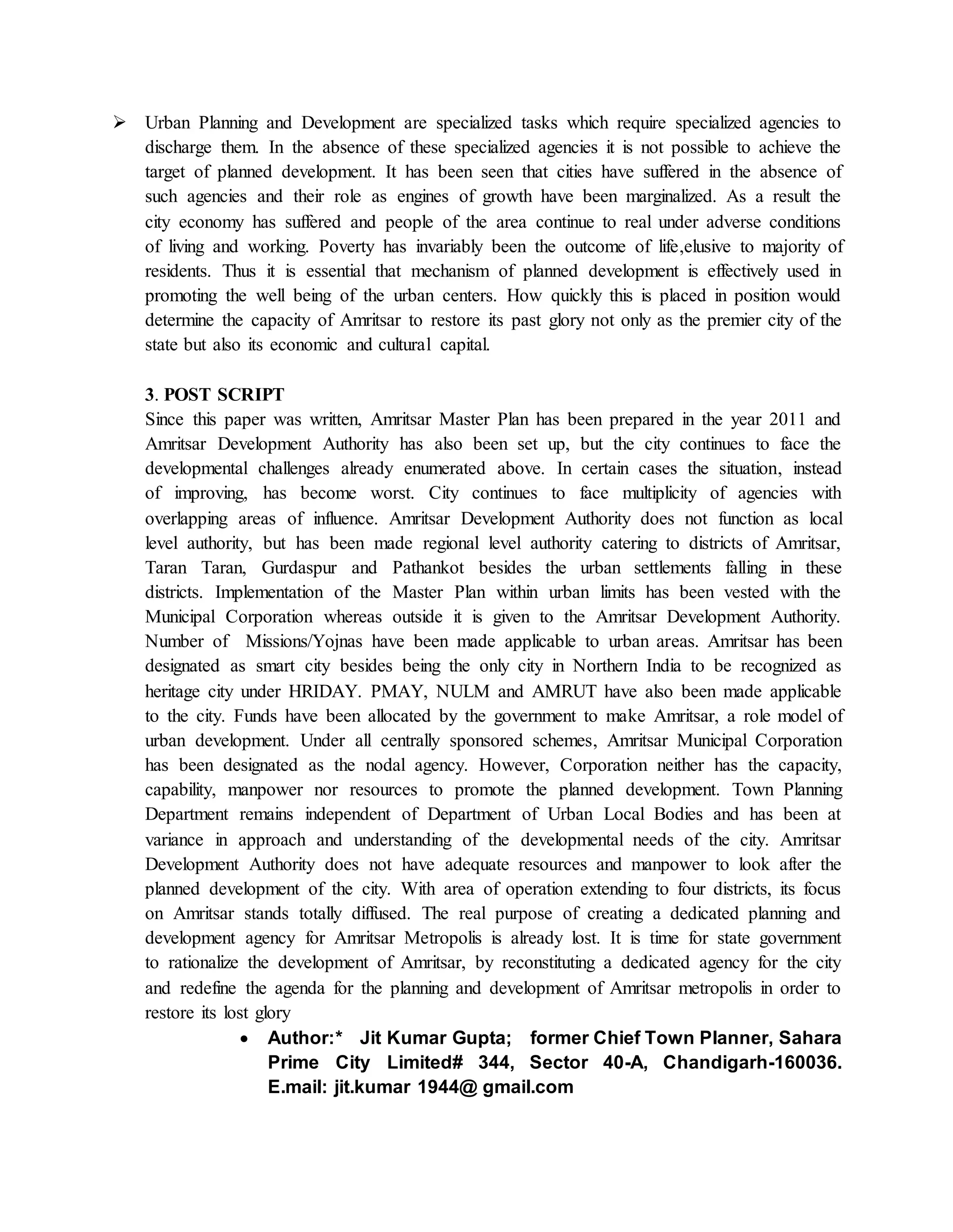 Comprehensive Development of Amritsar- Need for A Planning and Urban ...