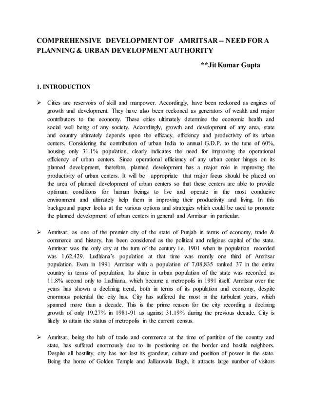 Comprehensive Development of Amritsar- Need for A Planning and Urban ...