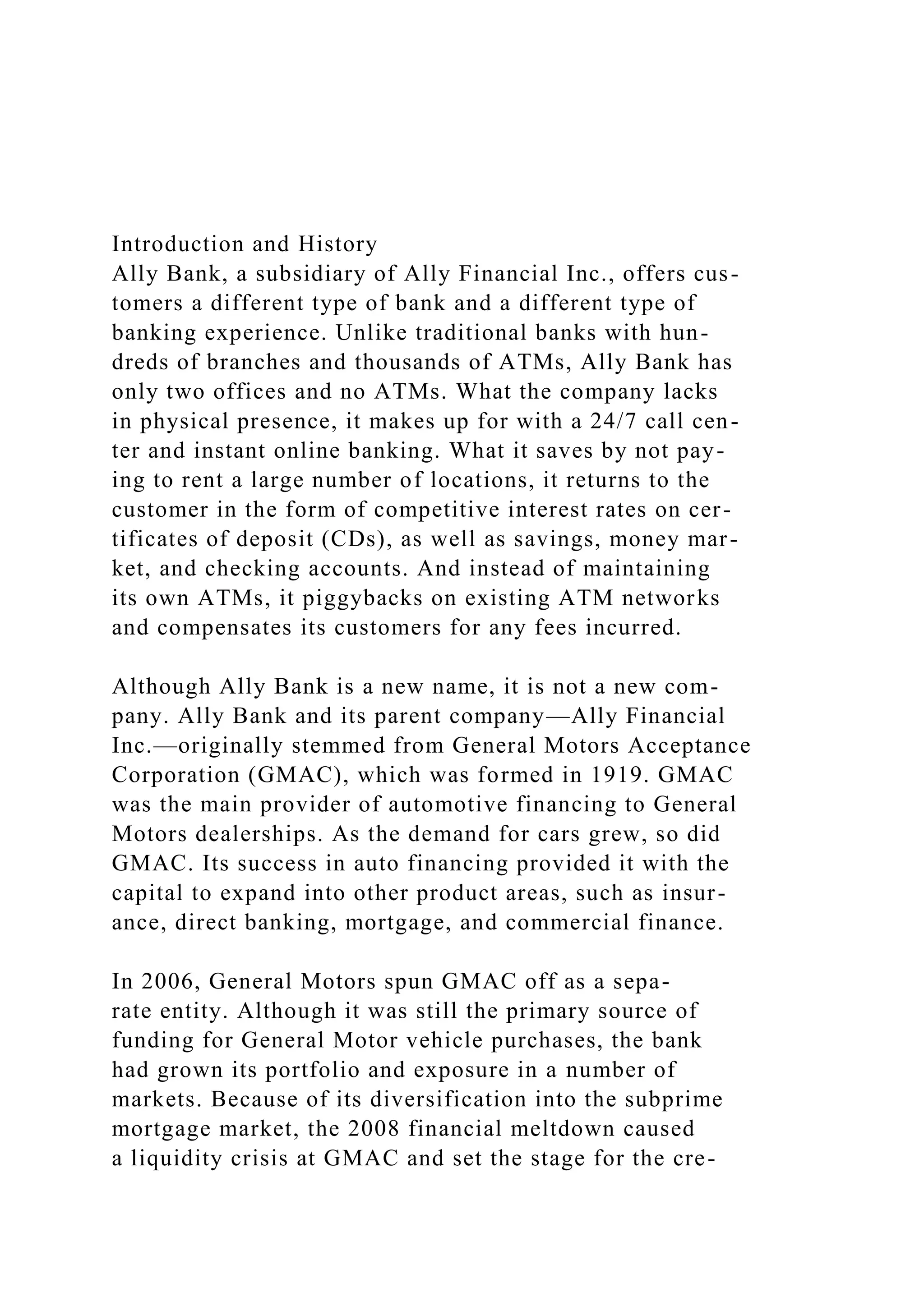 Introduction and HistoryAlly Bank, a subsidiary of Ally Fina.docx