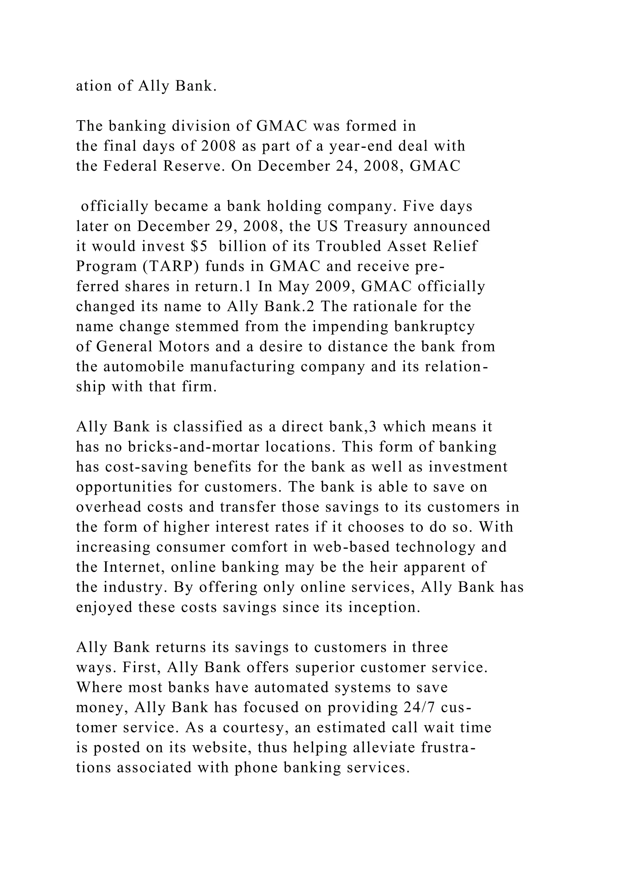 Introduction and HistoryAlly Bank, a subsidiary of Ally Fina.docx