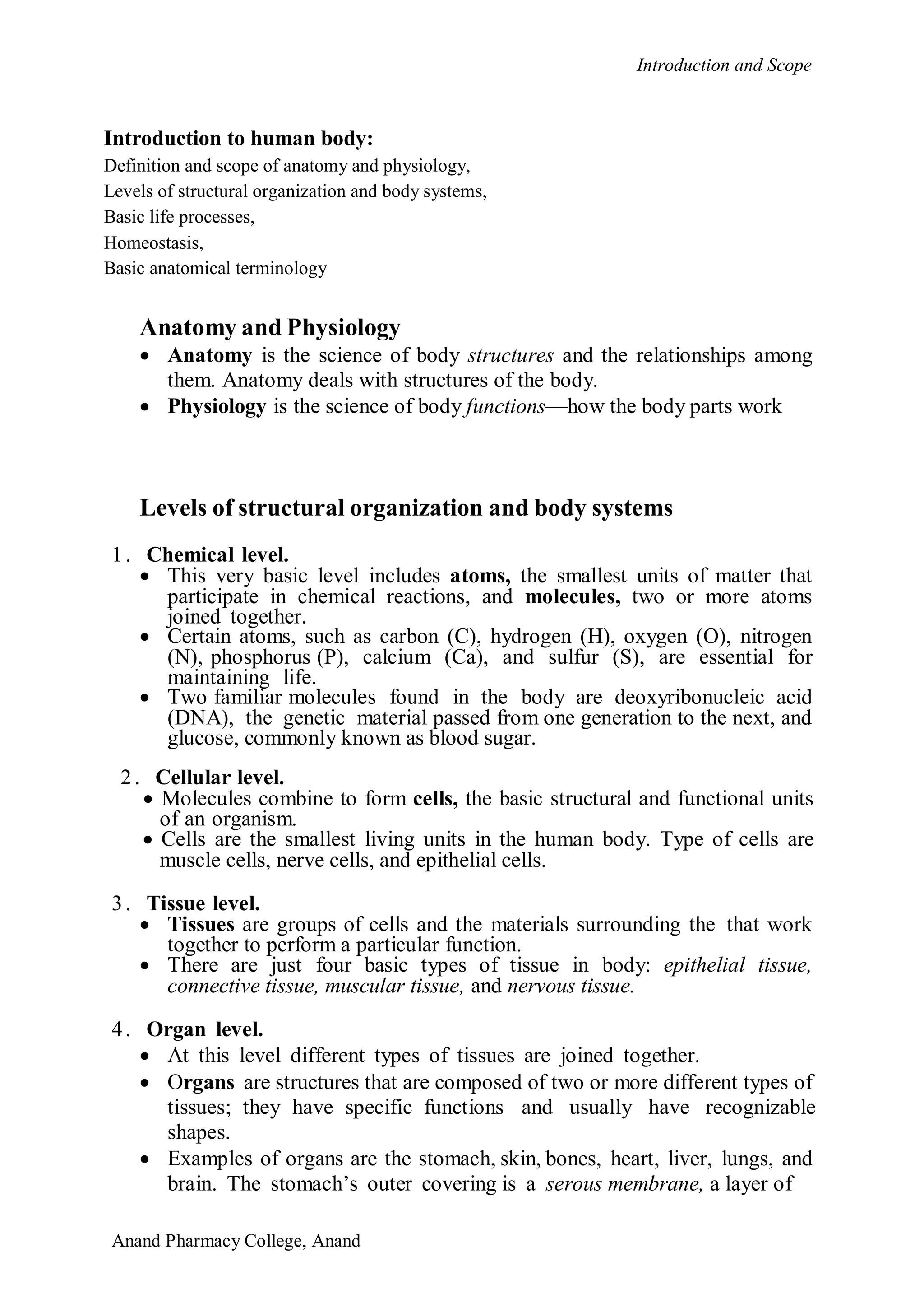 Introduction and scope of anatomy and physiology | PDF