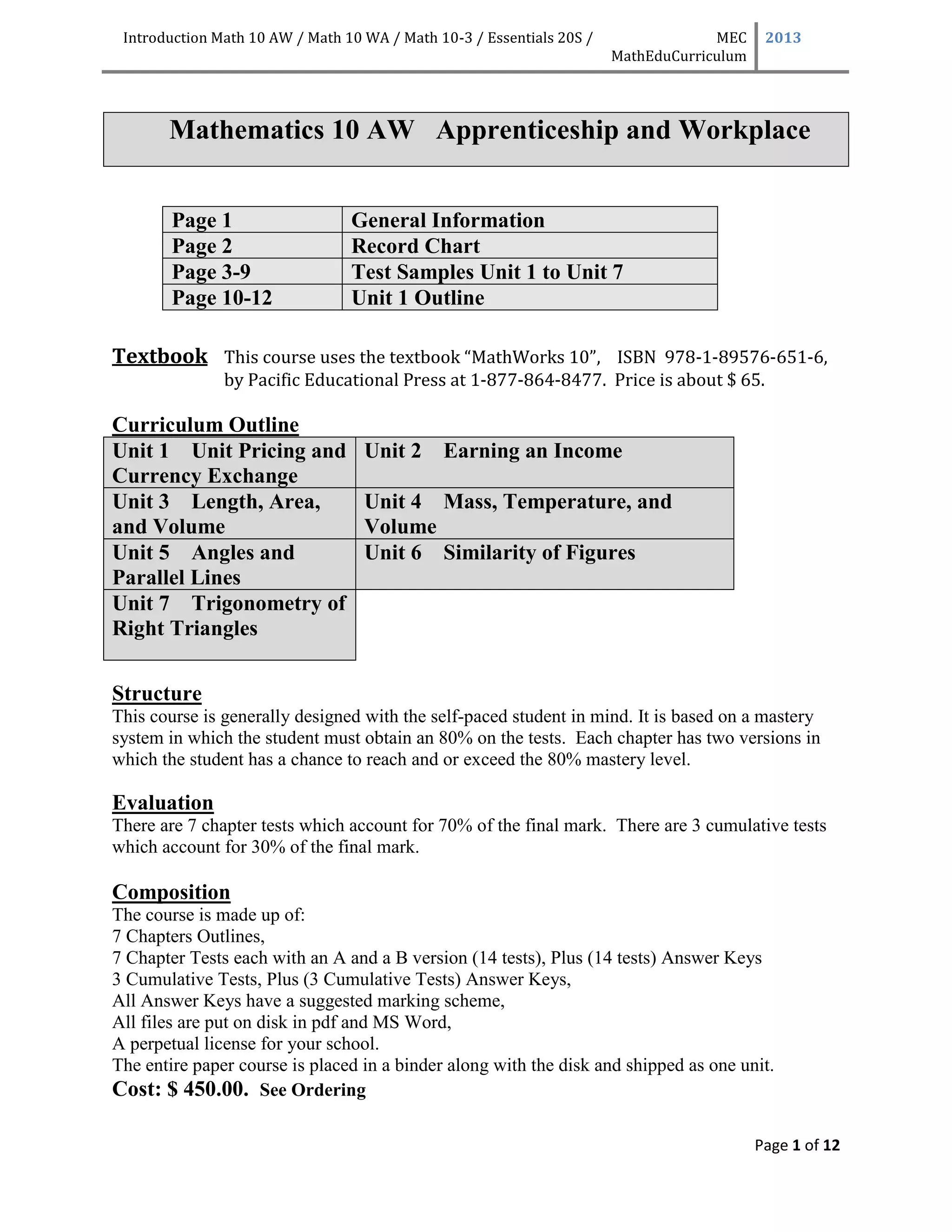 Introduction Math 10 AW / Math 10 WA / Math 10-3 / Essentials 20S | PDF