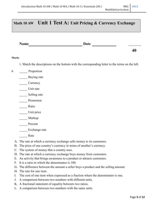Introduction Math 10 AW / Math 10 WA / Math 10-3 / Essentials 20S | PDF