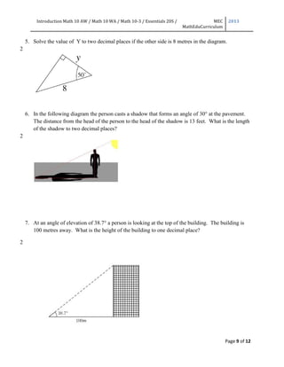 Introduction Math 10 AW / Math 10 WA / Math 10-3 / Essentials 20S | PDF