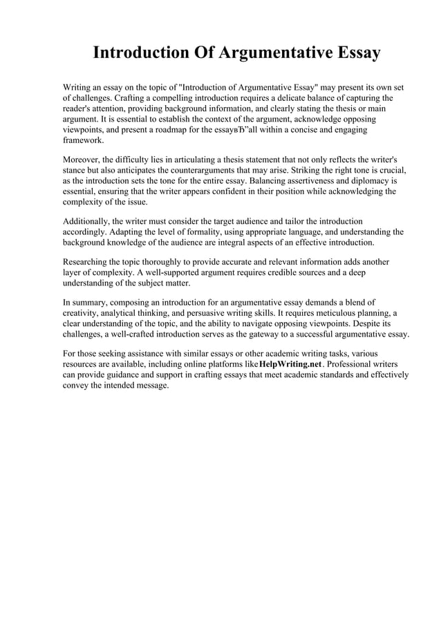 Introduction Of Argumentative Essay. Presbyterian College | PDF