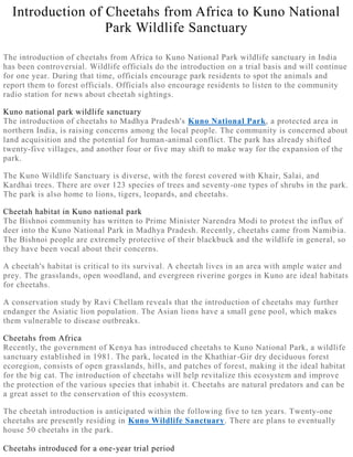 Introduction of Cheetahs from Africa to Kuno National Park Wildlife ...