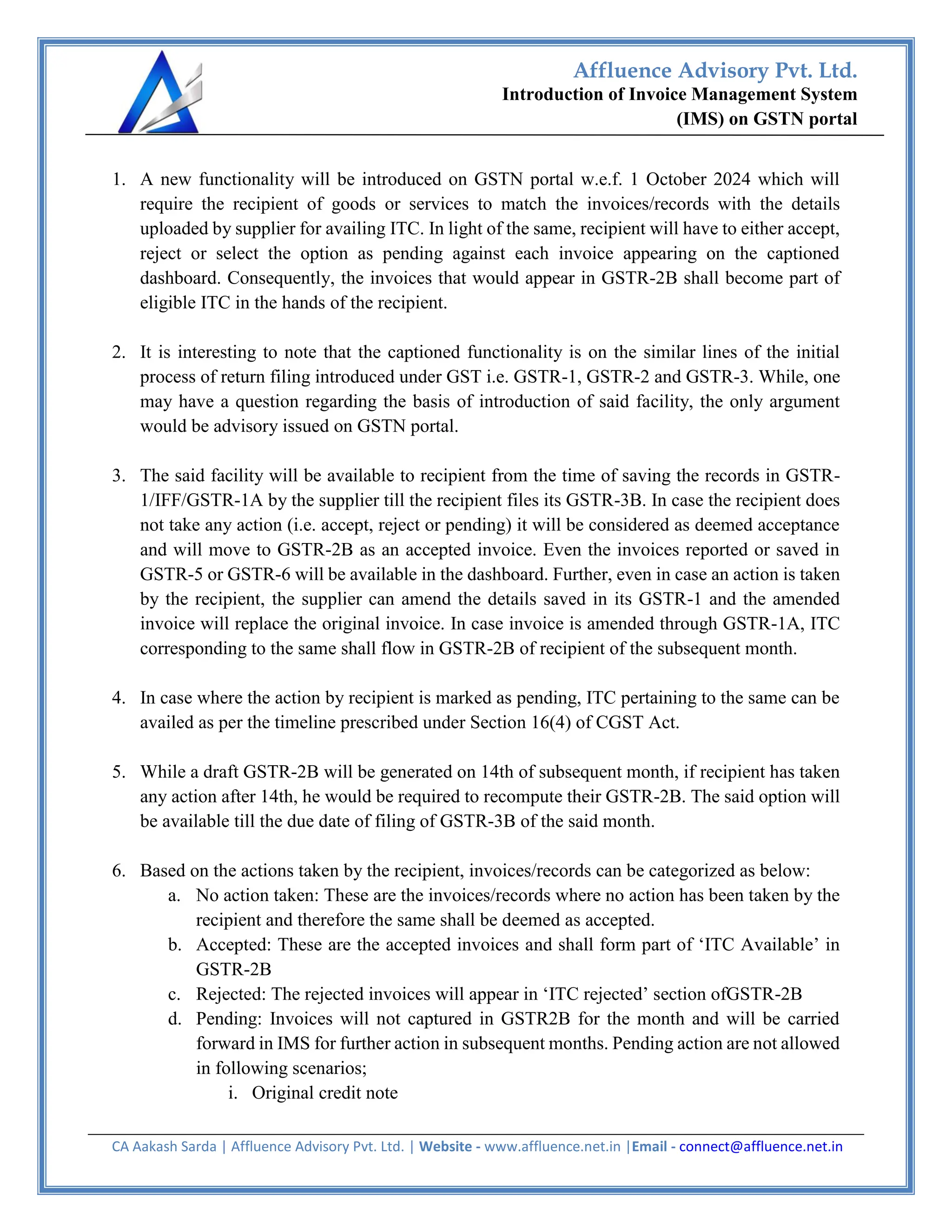 Introduction Of Invoice Management System Ims On Gstn Portal Pdf