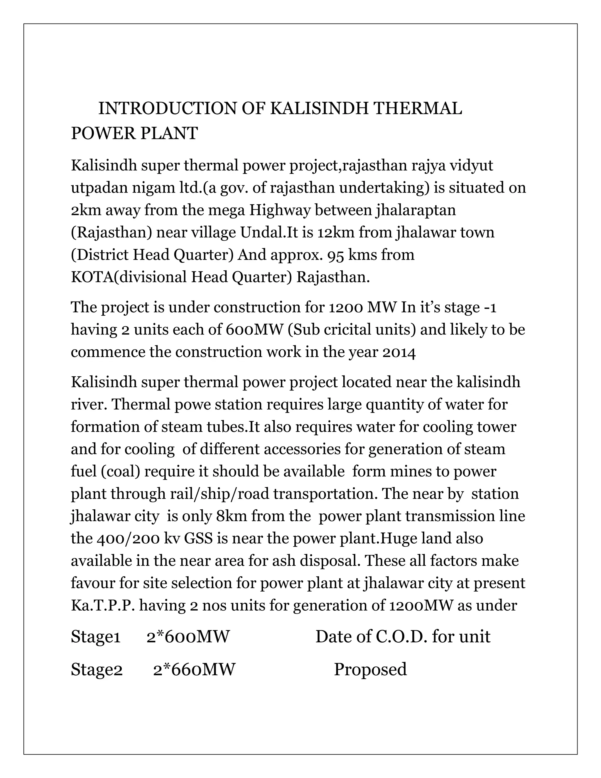 Kalisindh Super Thermal Power Plant,Jhalawar,Rajasthan ,Report | DOCX