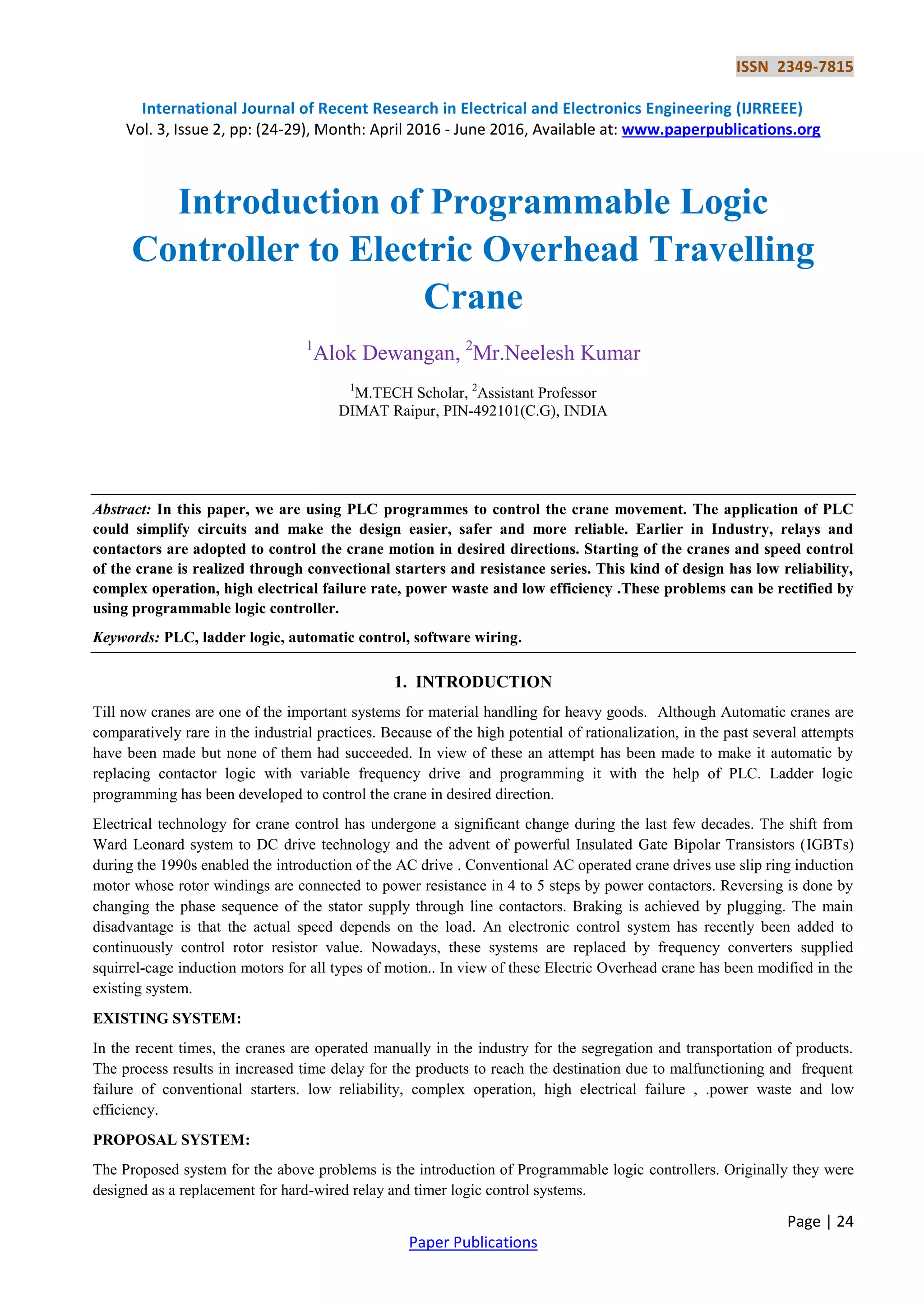 Introduction Of Programmable Logic Controller To Electric Overhead Travelling Crane Pdf