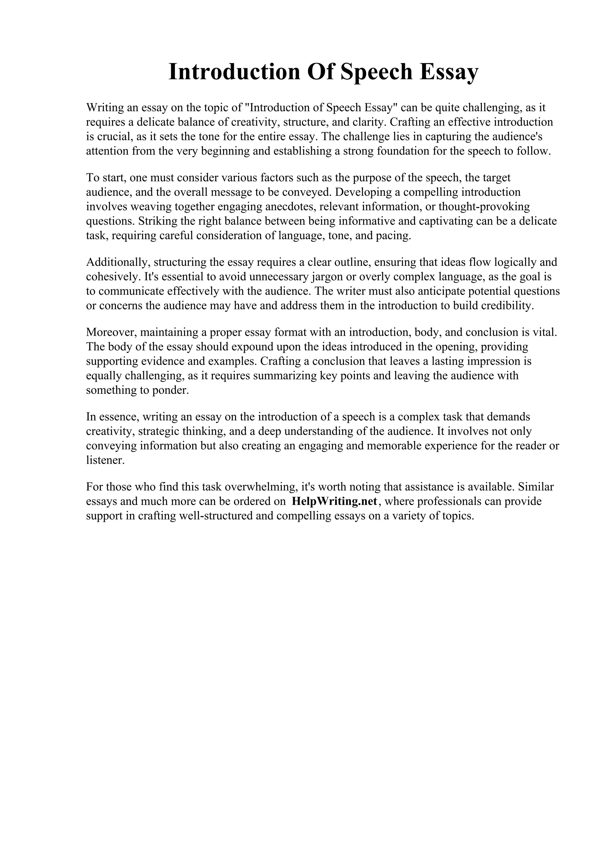 Introduction Of Speech Essay. Different Types of Speeches Essay Example ...