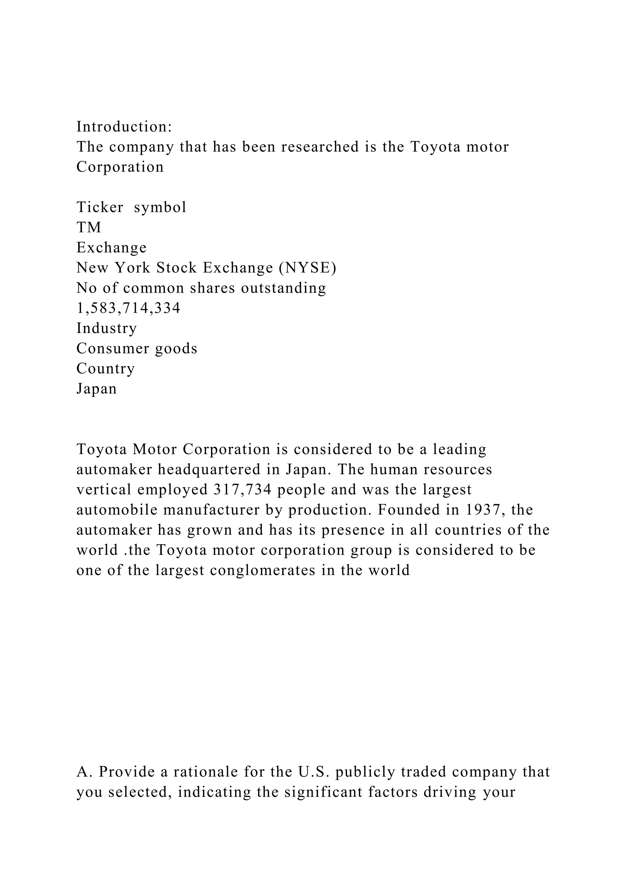 IntroductionThe company that has been researched is the Toyota .docx