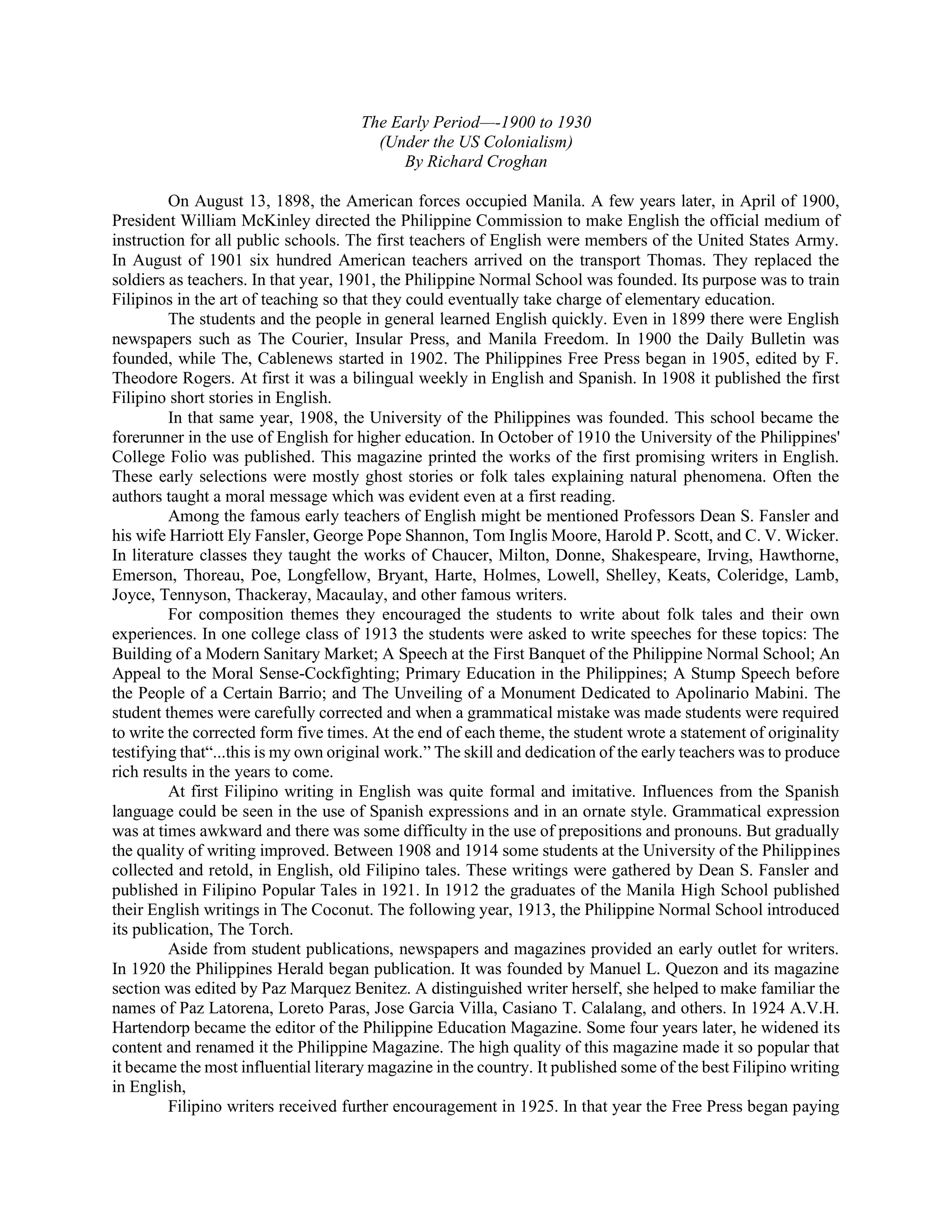 Introduction of the Early Period (US Colonialism) of Philippine ...