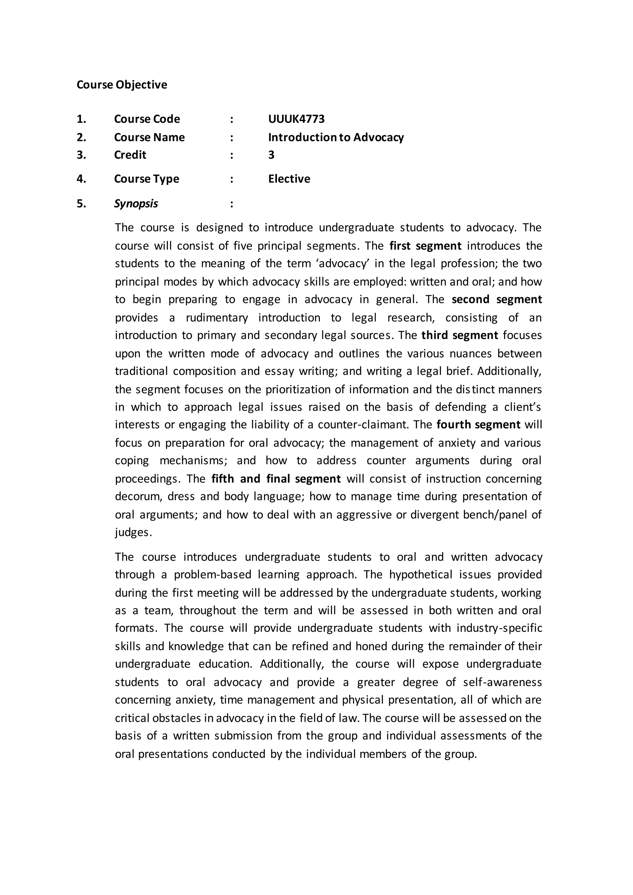 Introduction to Advocacy - Course Outline | DOCX