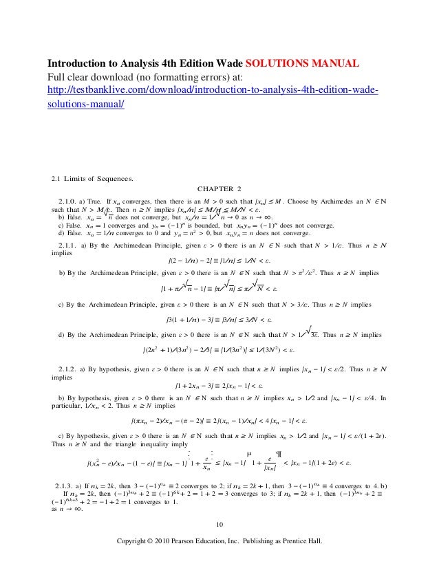 Introduction To Analysis 4th Edition Wade Solutions Manual