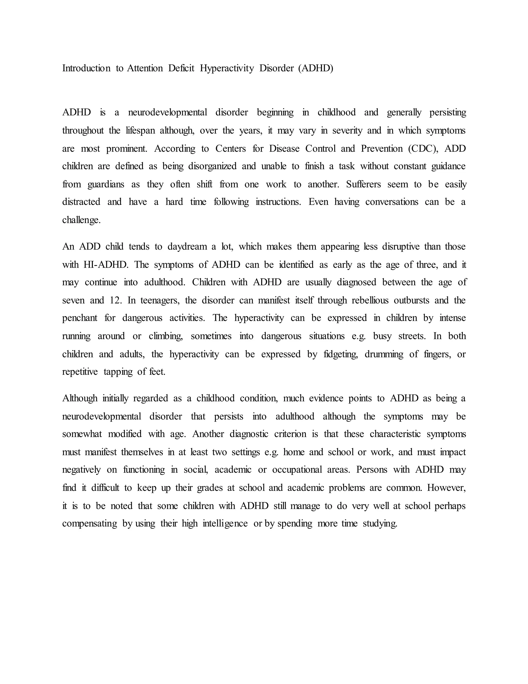 Introduction to attention deficit hyperactivity disorder | DOCX | Brain and Nervous System ...