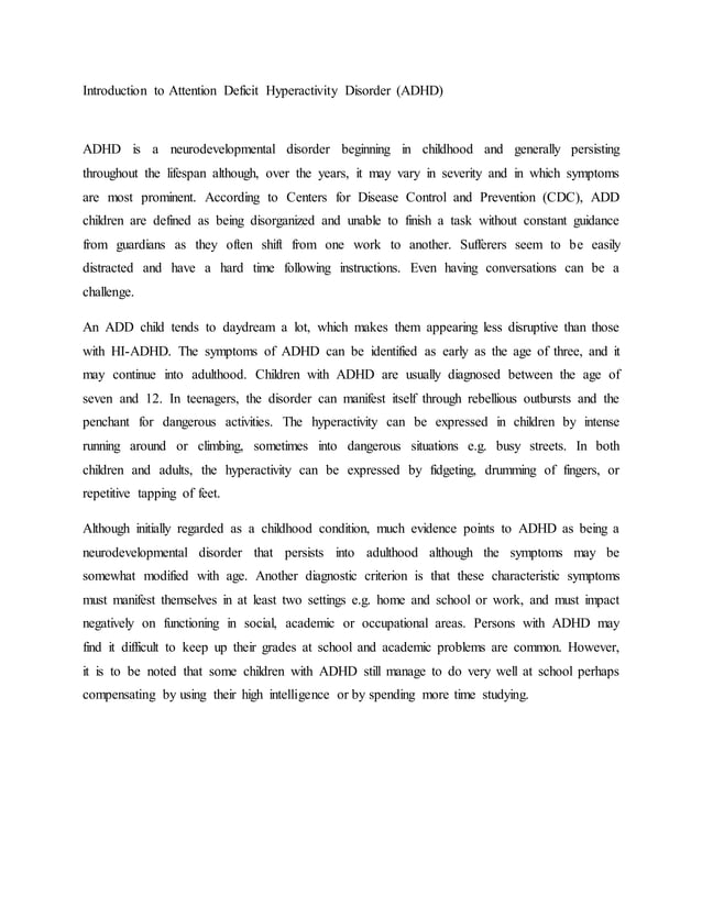 Introduction to attention deficit hyperactivity disorder | DOCX | Brain ...