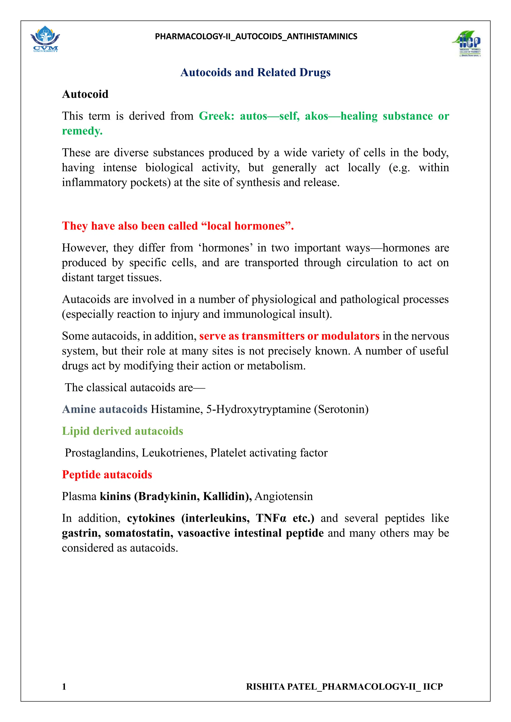 Introduction to Autocids And Histamine and Antihistamine.pdf