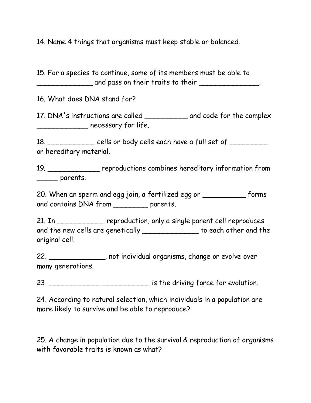 Introduction to biology worksheet from notes