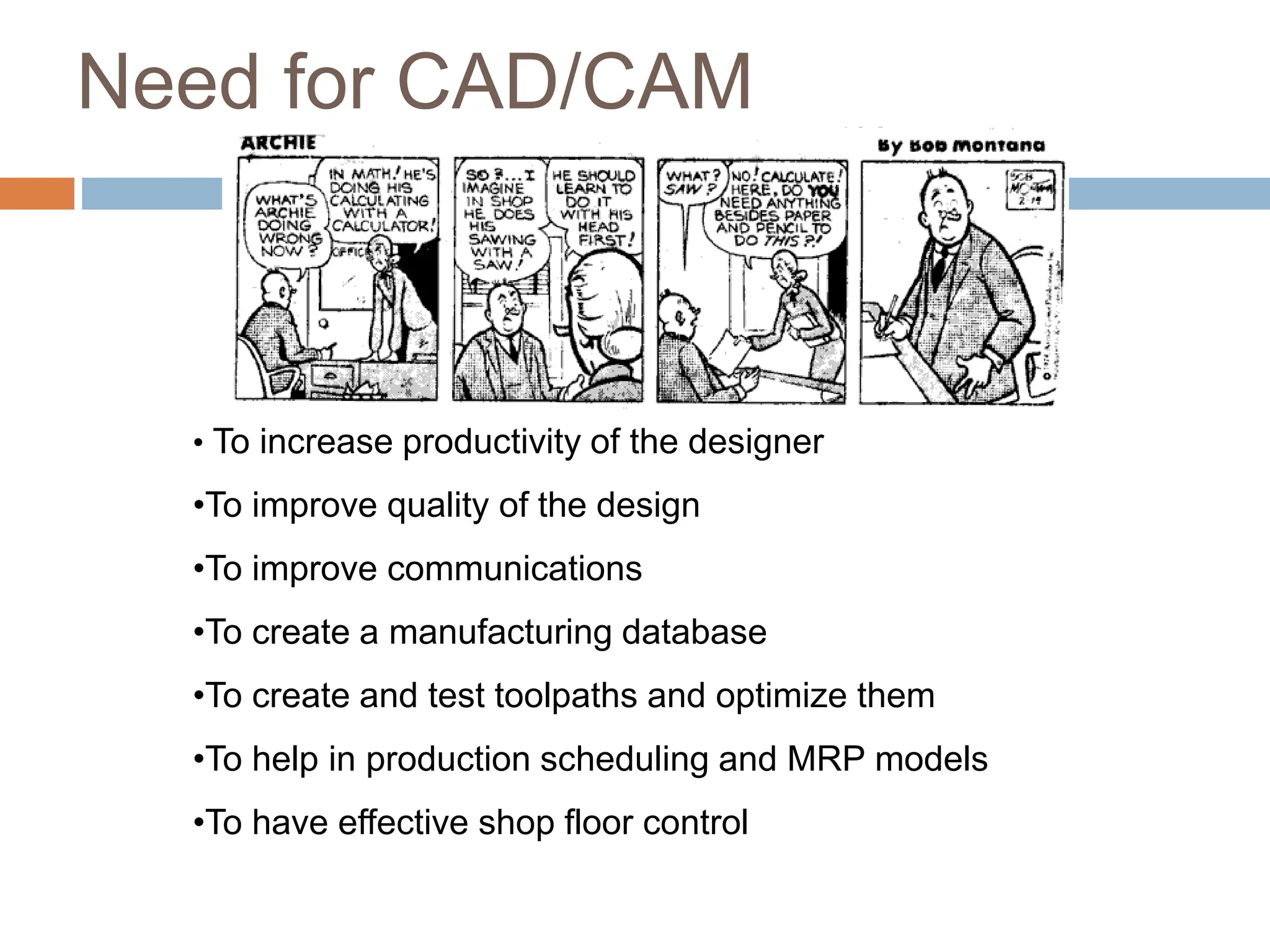 Introduction to CAD CAM CAD/CAM stands for Computer-Aided Design (CAD ...