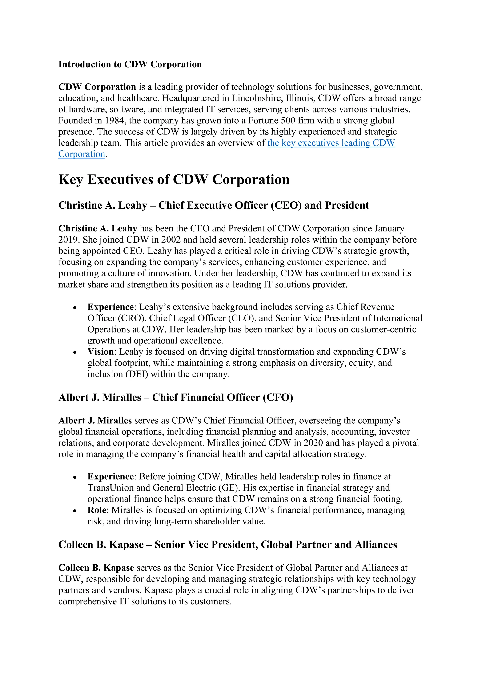 Leadership and Executive Team of CDW Corporation | PDF