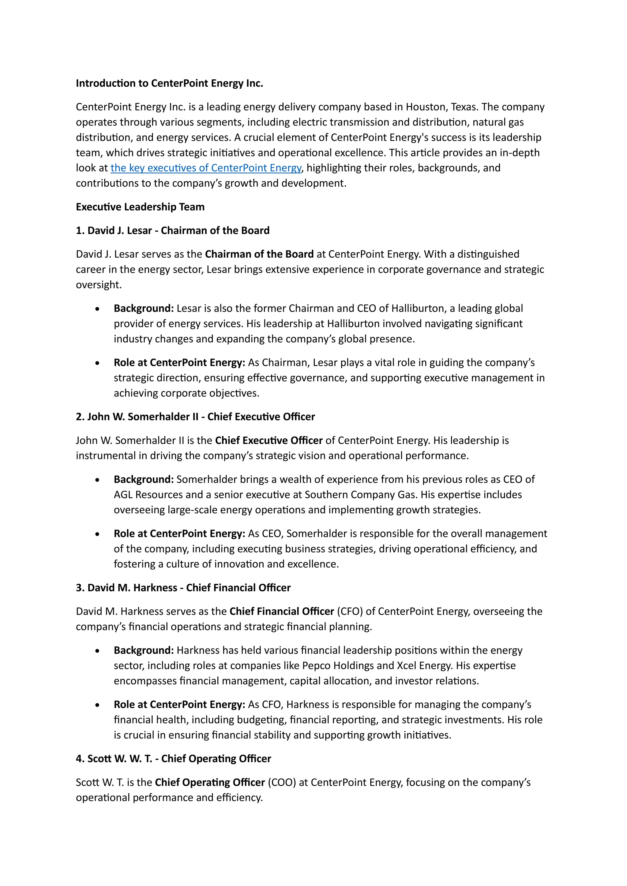 Executive Leadership at CenterPoint Energy Inc.: Key Figures and Their ...