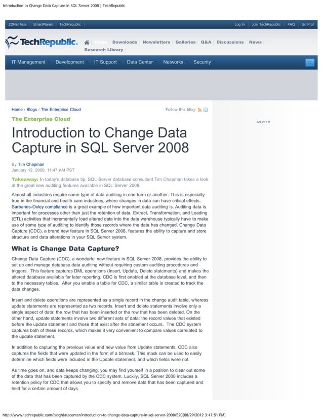 Introduction to change data capture in sql server 2008 tech republic | PDF