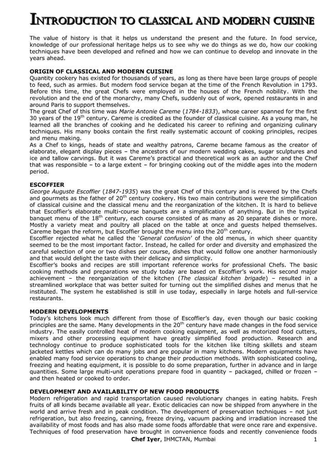 Introduction to classical and modern cuisine | PDF