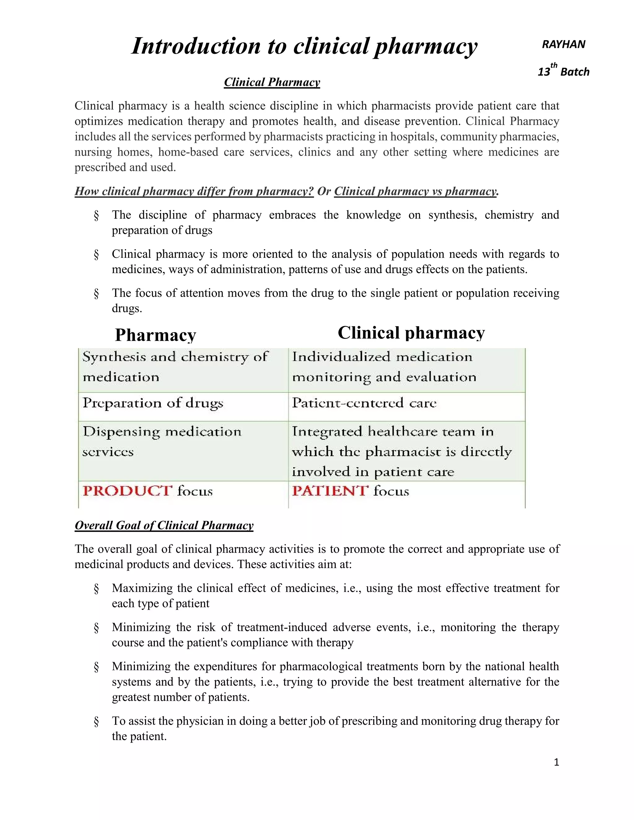 Introduction to clinical pharmacy | PDF