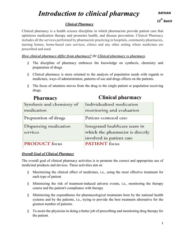 Introduction to clinical pharmacy | PDF