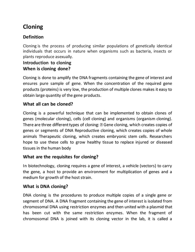 Introduction to cloning | DOCX | Reproductive Health | Diseases and ...