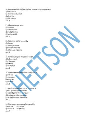 Computer Introduction MCQ Questions and Answers | PDF