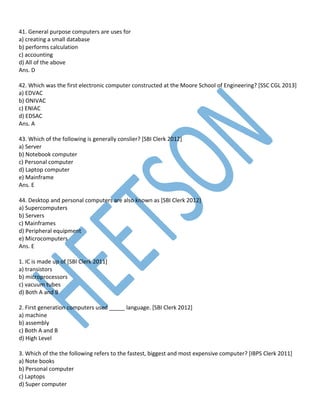 Computer Introduction MCQ Questions and Answers | PDF