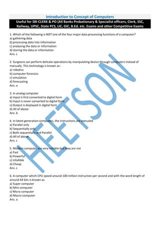 Introduction to Concepts of Computer MCQ | PDF