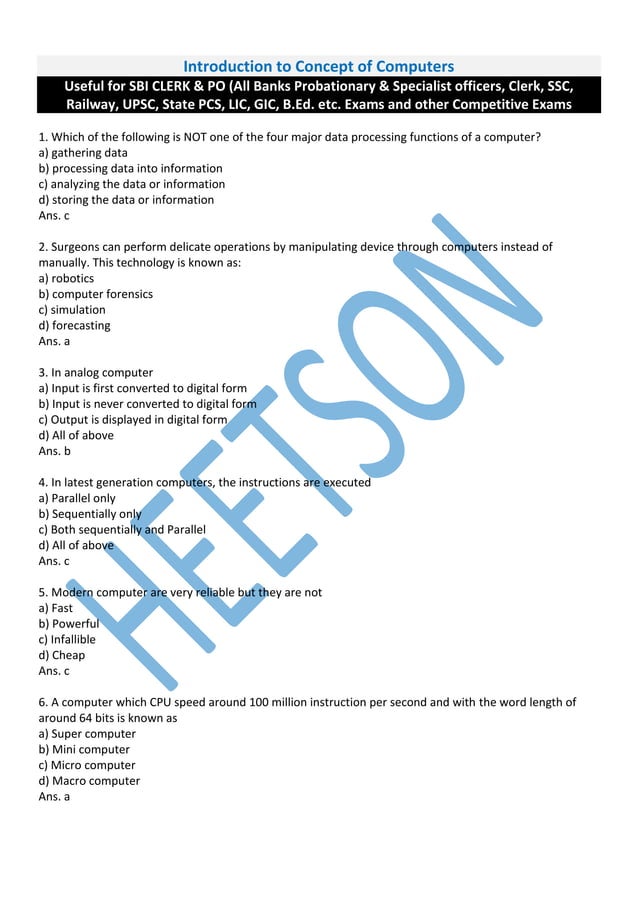 Introduction to Concepts of Computer MCQ | PDF