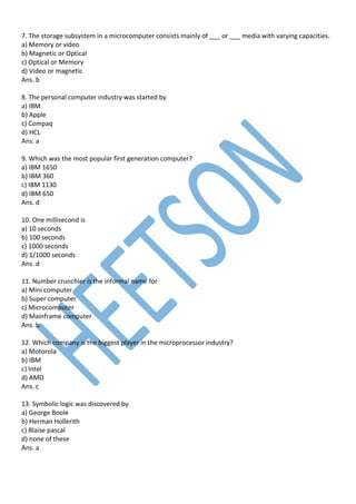 Introduction to Concepts of Computer MCQ | PDF