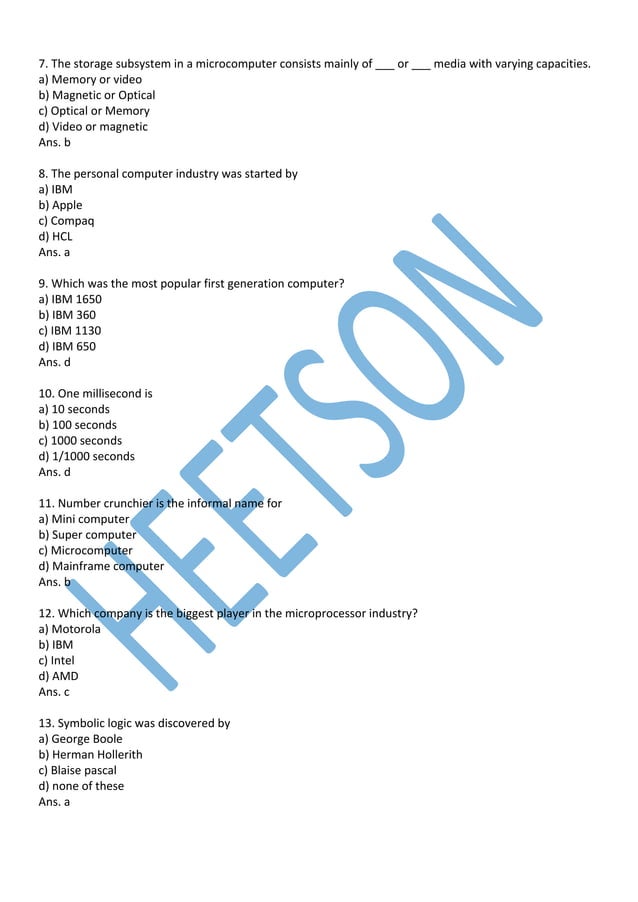 Introduction to Concepts of Computer MCQ | PDF