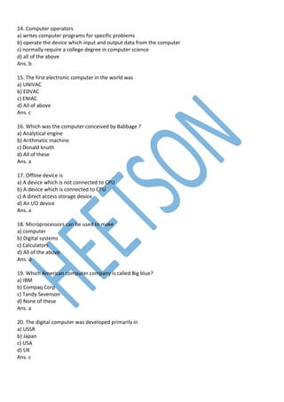 Introduction to Concepts of Computer MCQ | PDF
