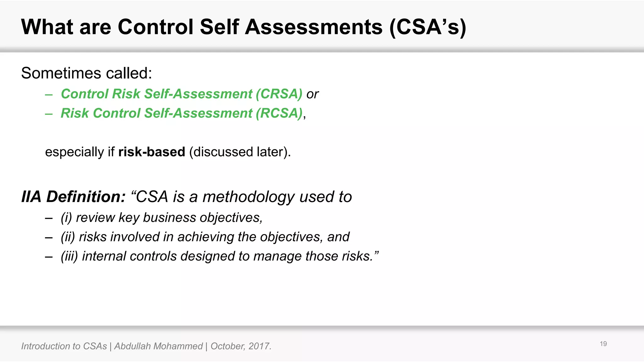 Introduction to Internal Controls and Control Self-Assessments (CSA) | PPTX