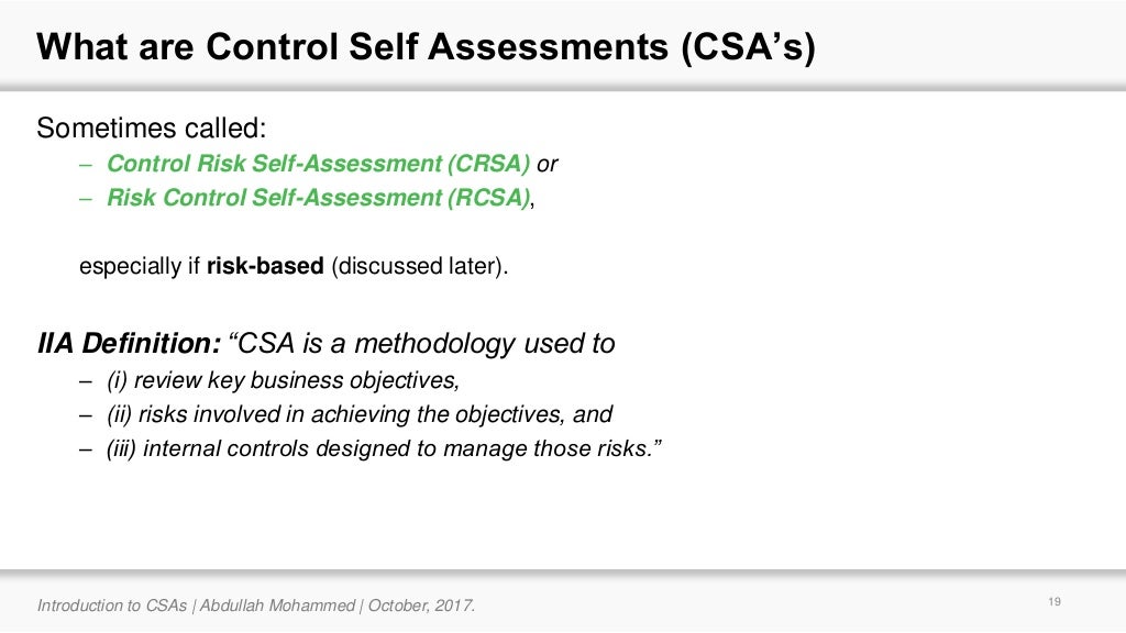 Introduction to Internal Controls and Control Self-Assessments (CSA)