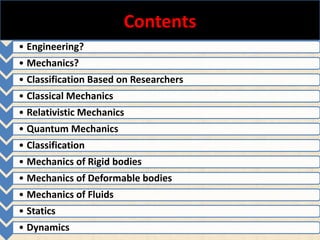 Introduction to engineering mechanics: Classification | PPTX