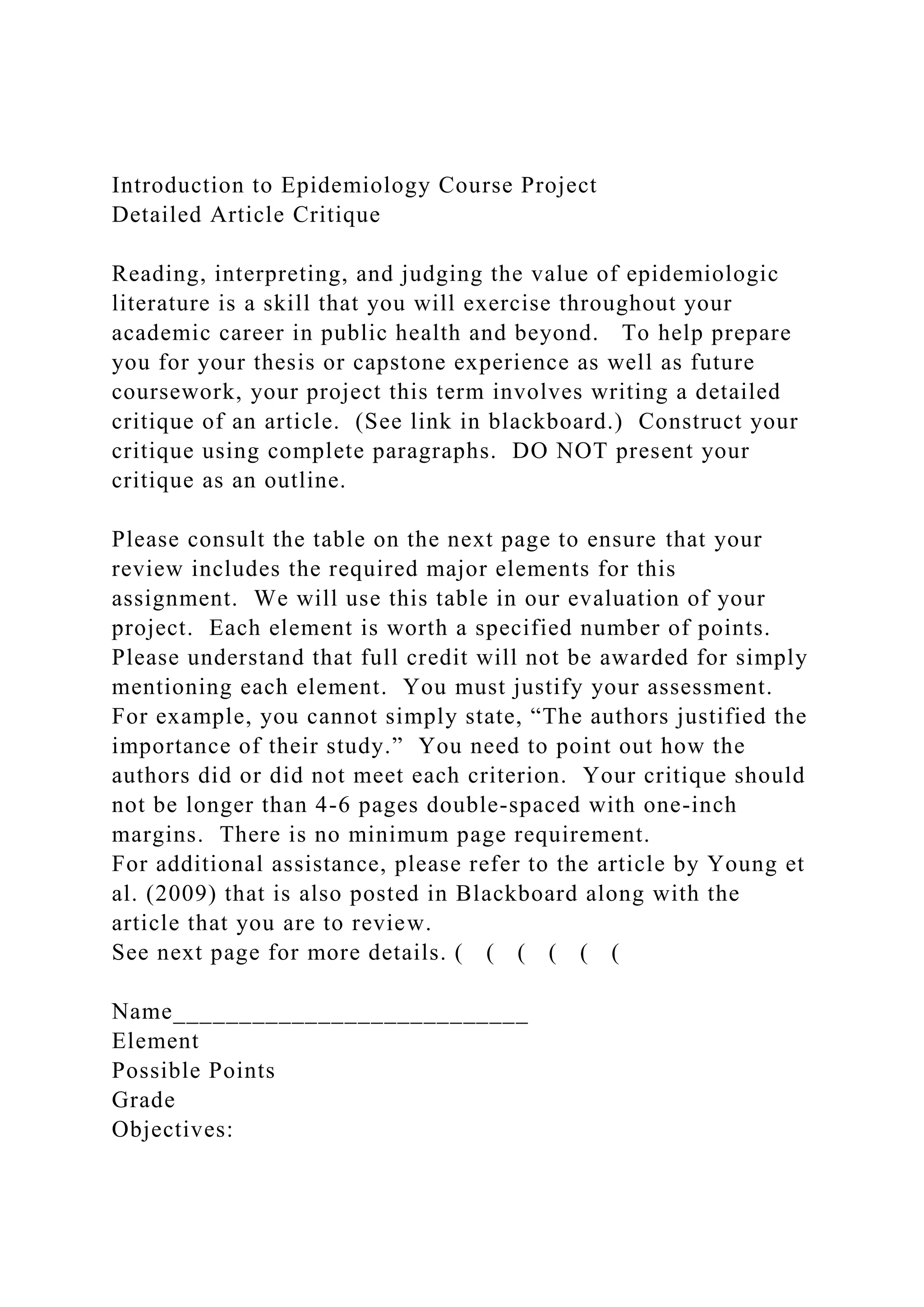 Introduction to Epidemiology Course Project Detailed Article Cri.docx