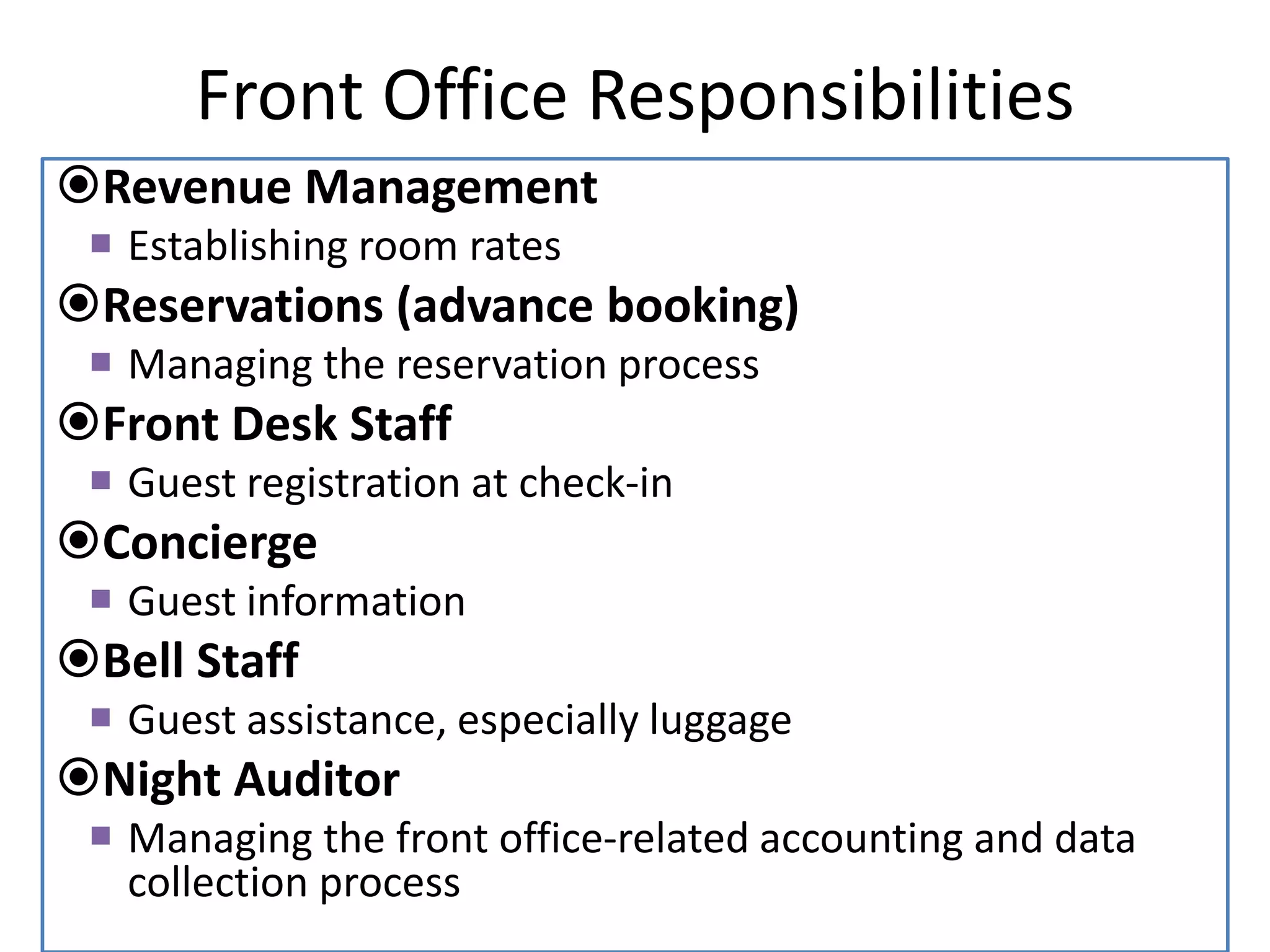 Introduction to front office organization, hierarchy, duties and ...
