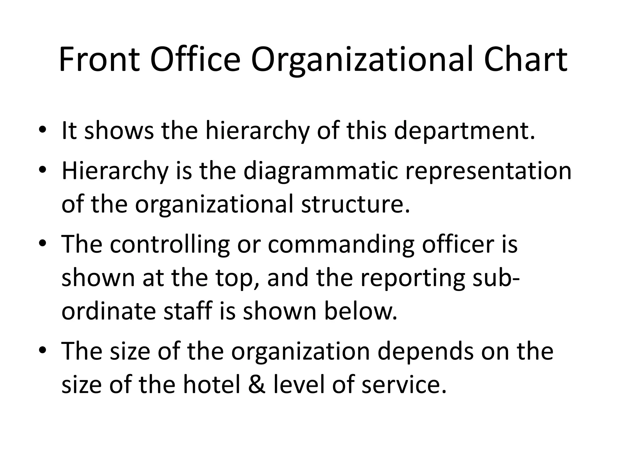 Introduction to front office organization, hierarchy, duties and ...