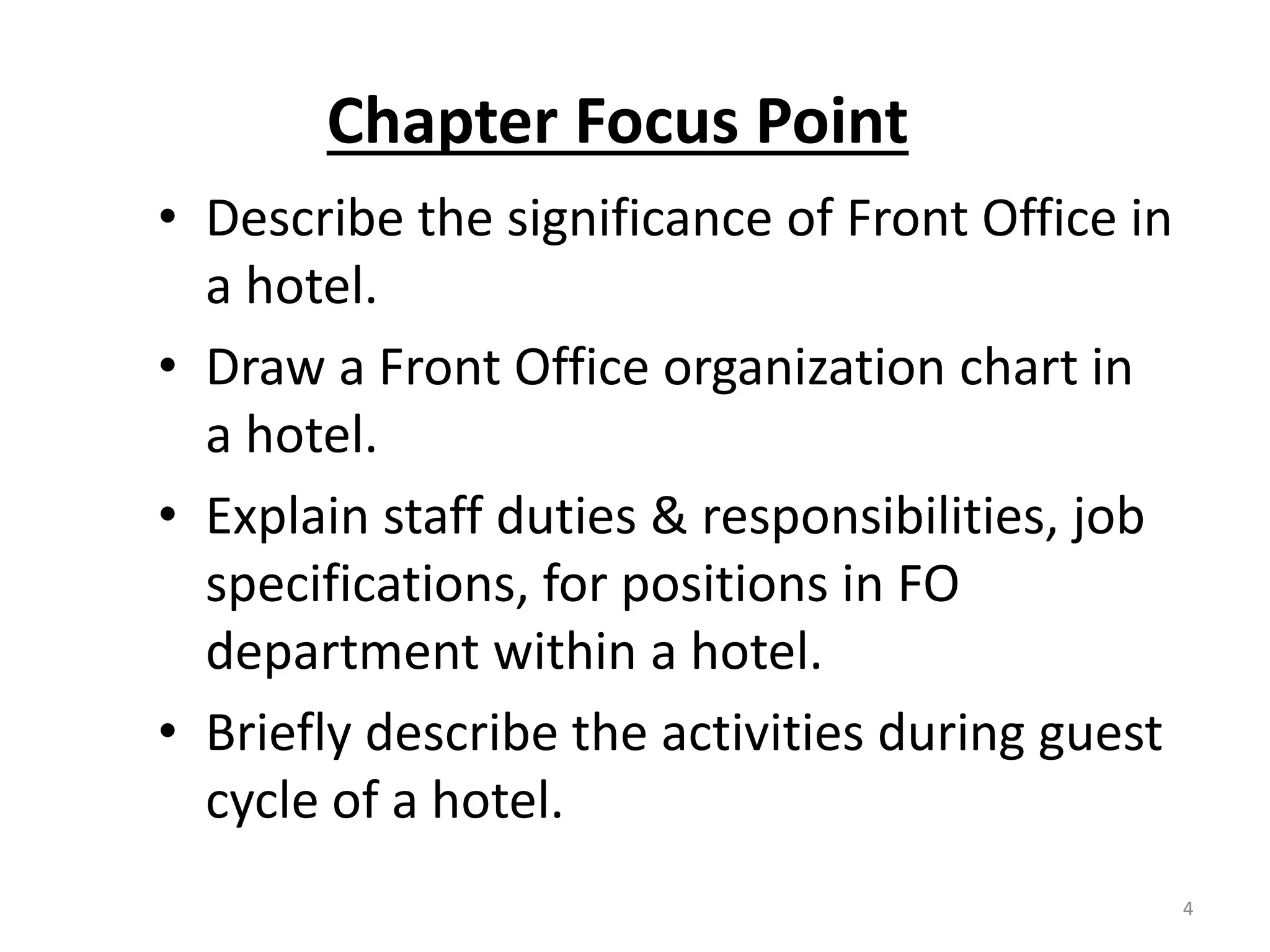 Introduction to front office organization, hierarchy, duties and ...