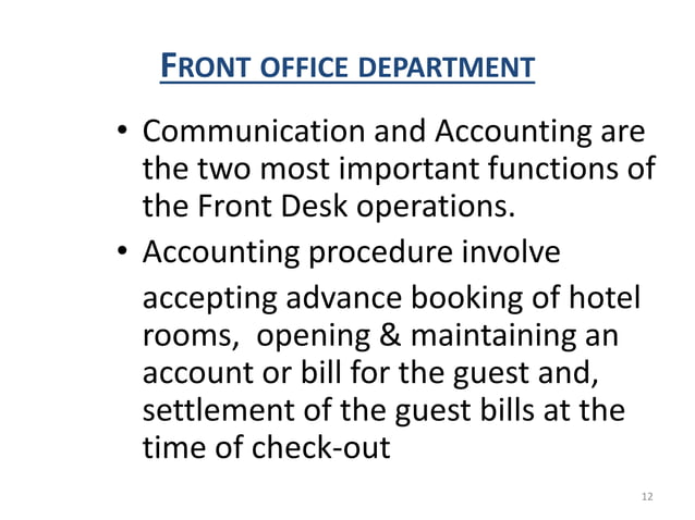 Introduction to front office organization, hierarchy, duties and ...